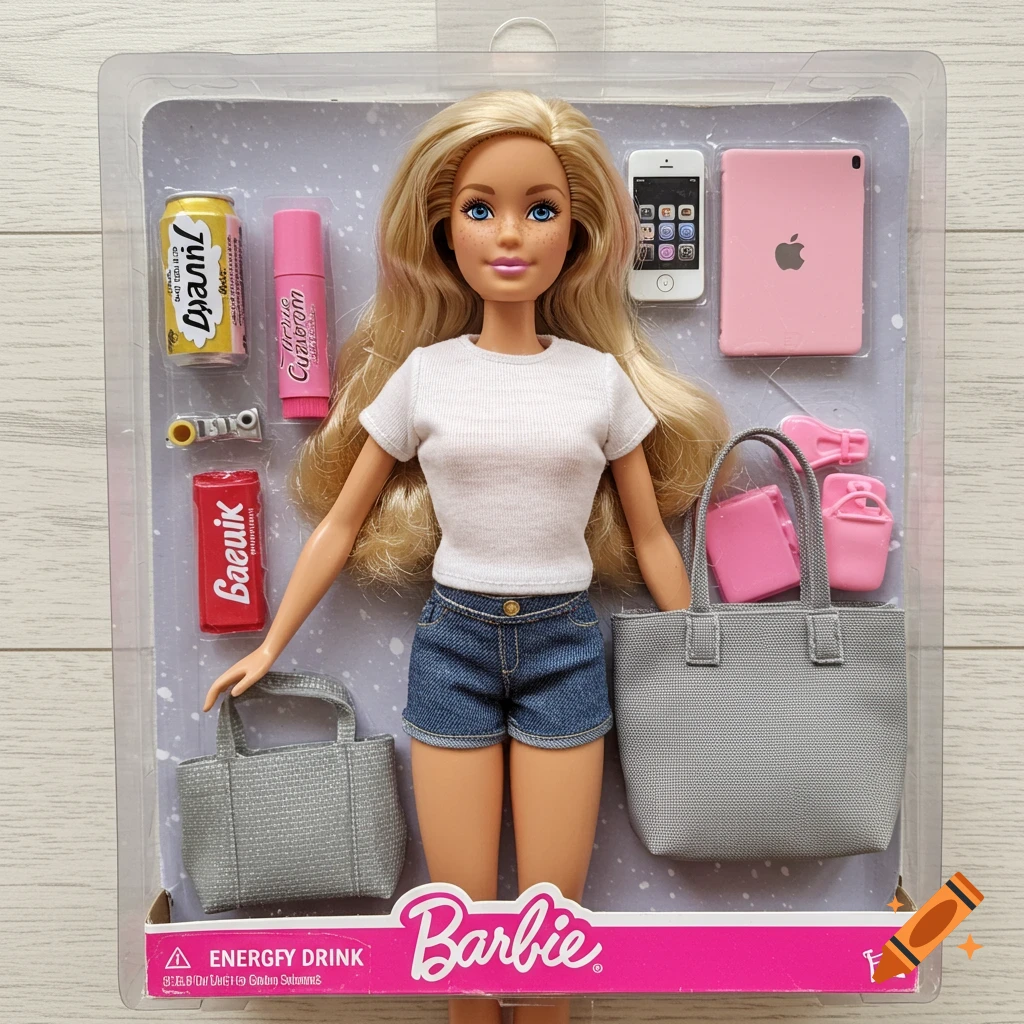 Barbie doll in packaging with accessories including gray tote bags ...