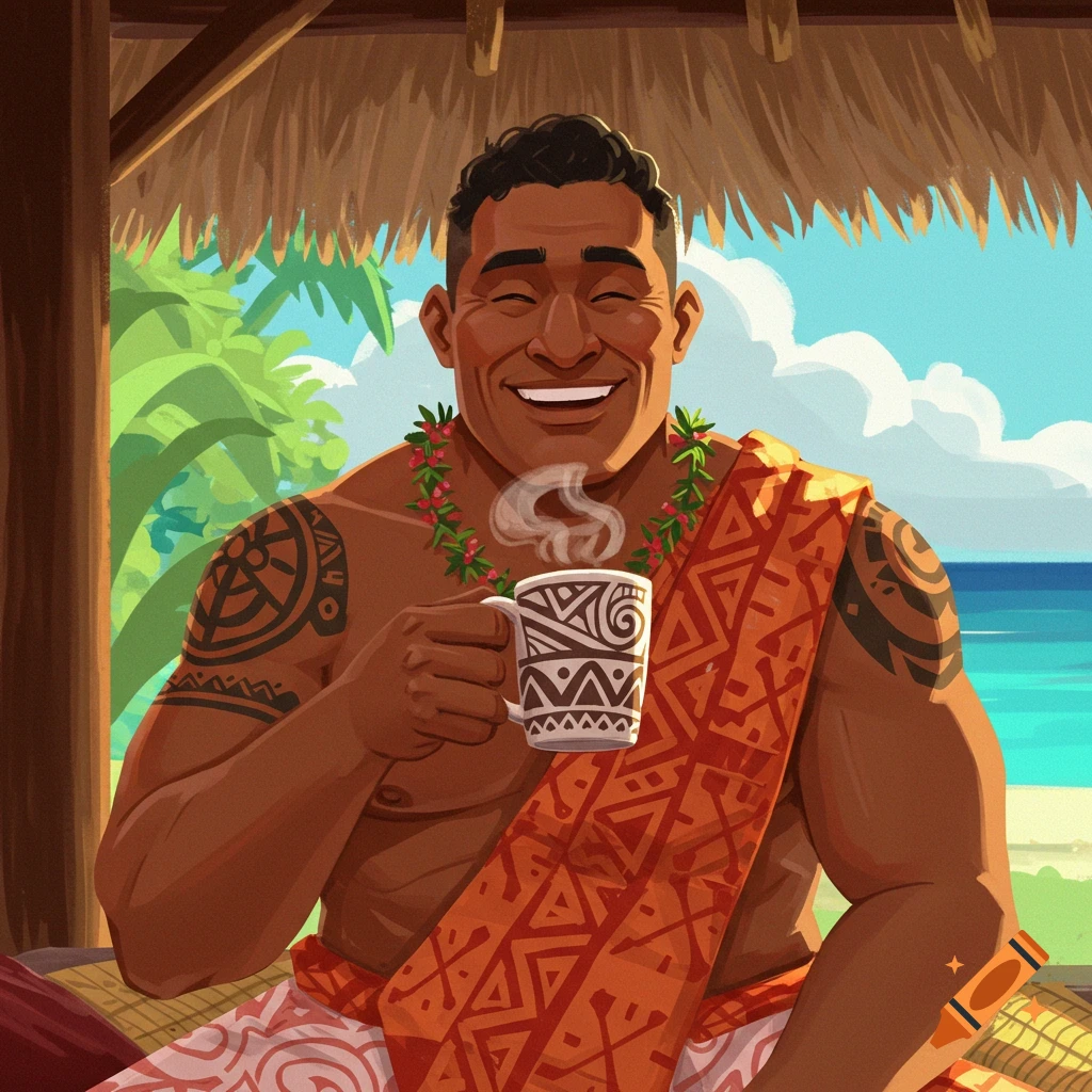 A smiling Samoan man with tattoos is drinking coffee in a tropical hut ...
