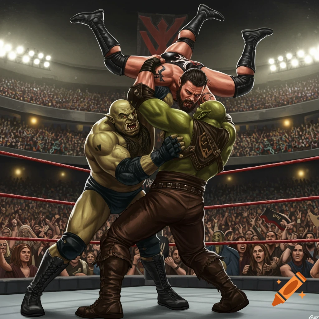 Pro wrestlers wrestling fantasy creatures in a stadium on Craiyon