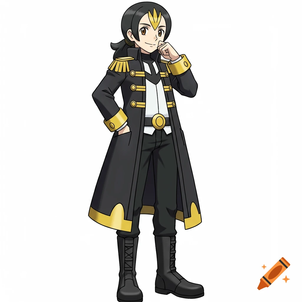 A young man in a black coat with gold trim smiles, in the style of ...