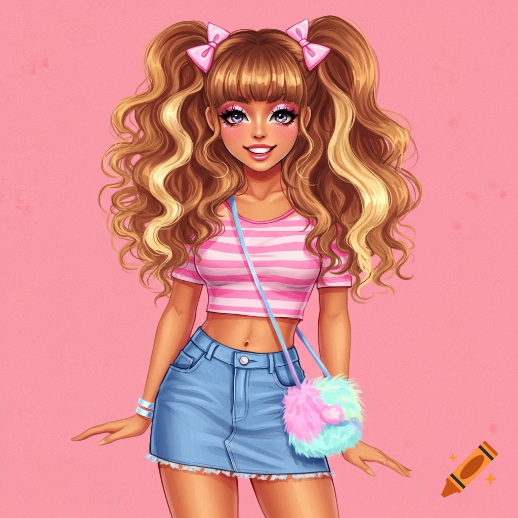 A Gyaru girl with pigtails, a striped crop top, and a denim skirt. on ...