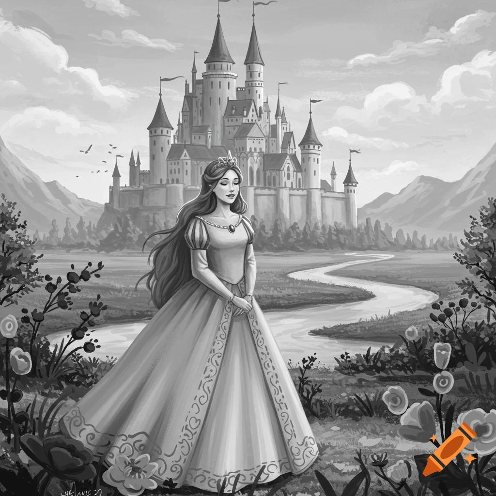 Princess in a dress in front of a castle with flowers and a river on ...