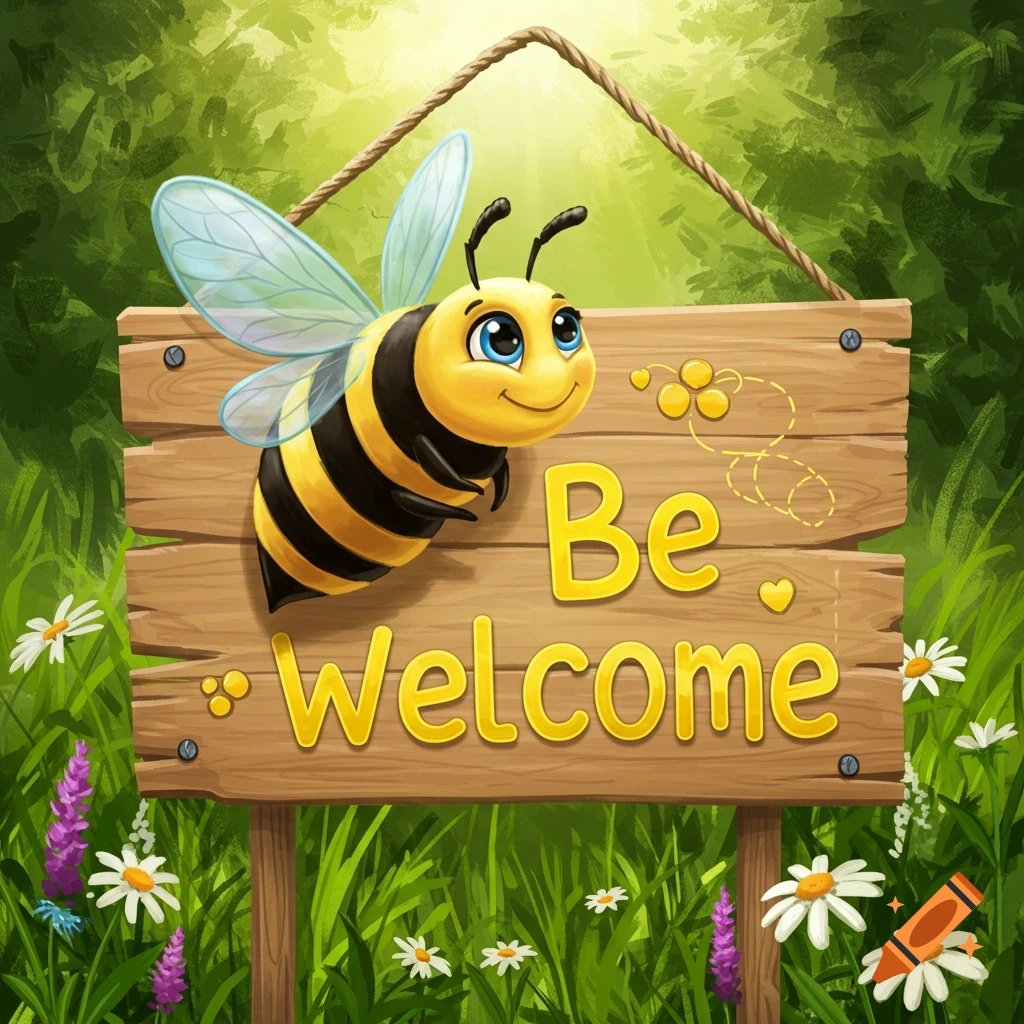 A cartoon bee stands next to a wooden sign that says "Be Welcome" in a ...