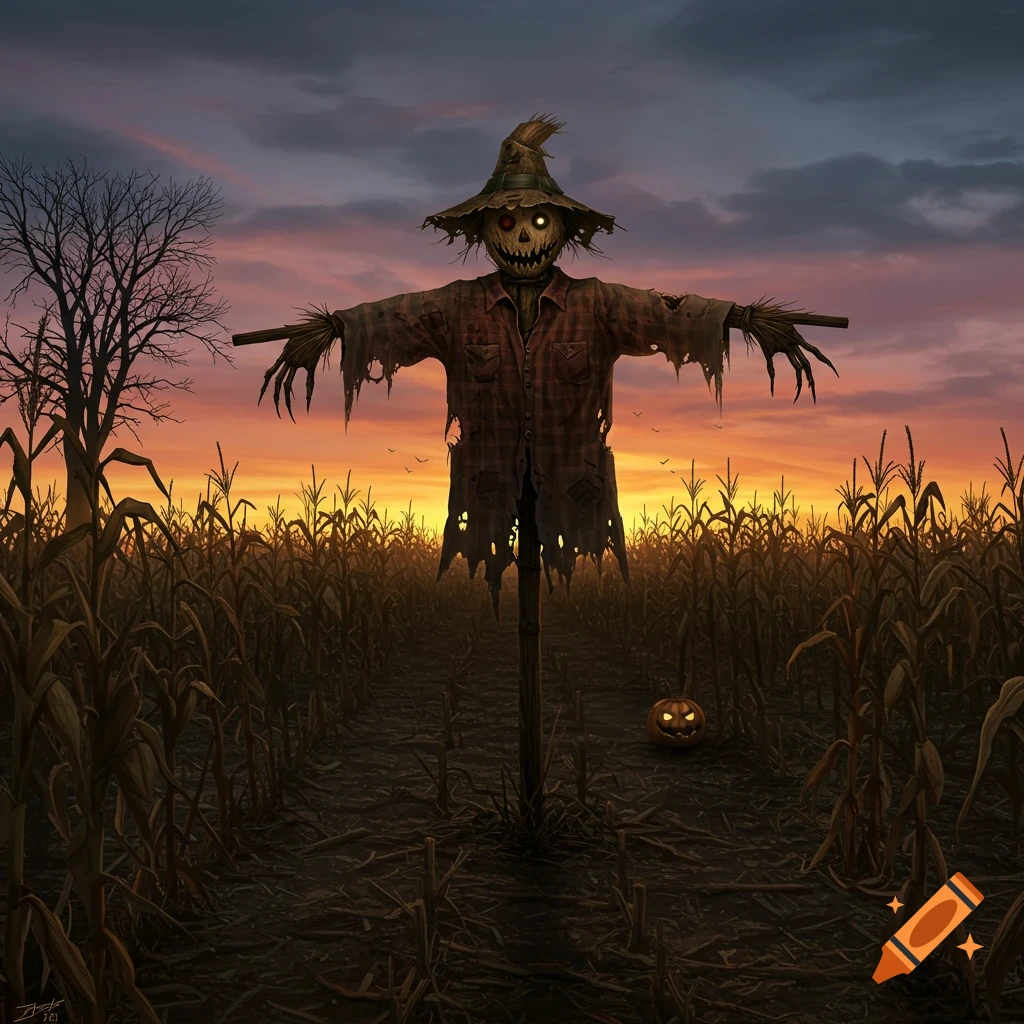 A creepy scarecrow and jack-o'-lantern in a cornfield at sunset. on Craiyon