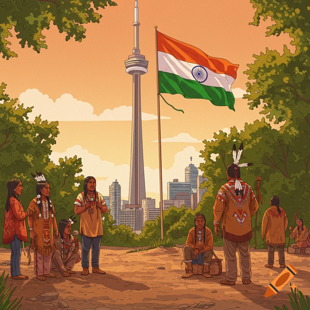 Indians in Canada by CN Tower with Indian flag on Craiyon