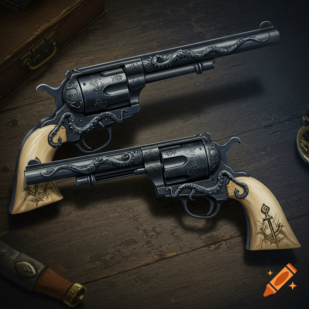 Detailed steampunk rifle rests on a wooden workbench with scattered ...