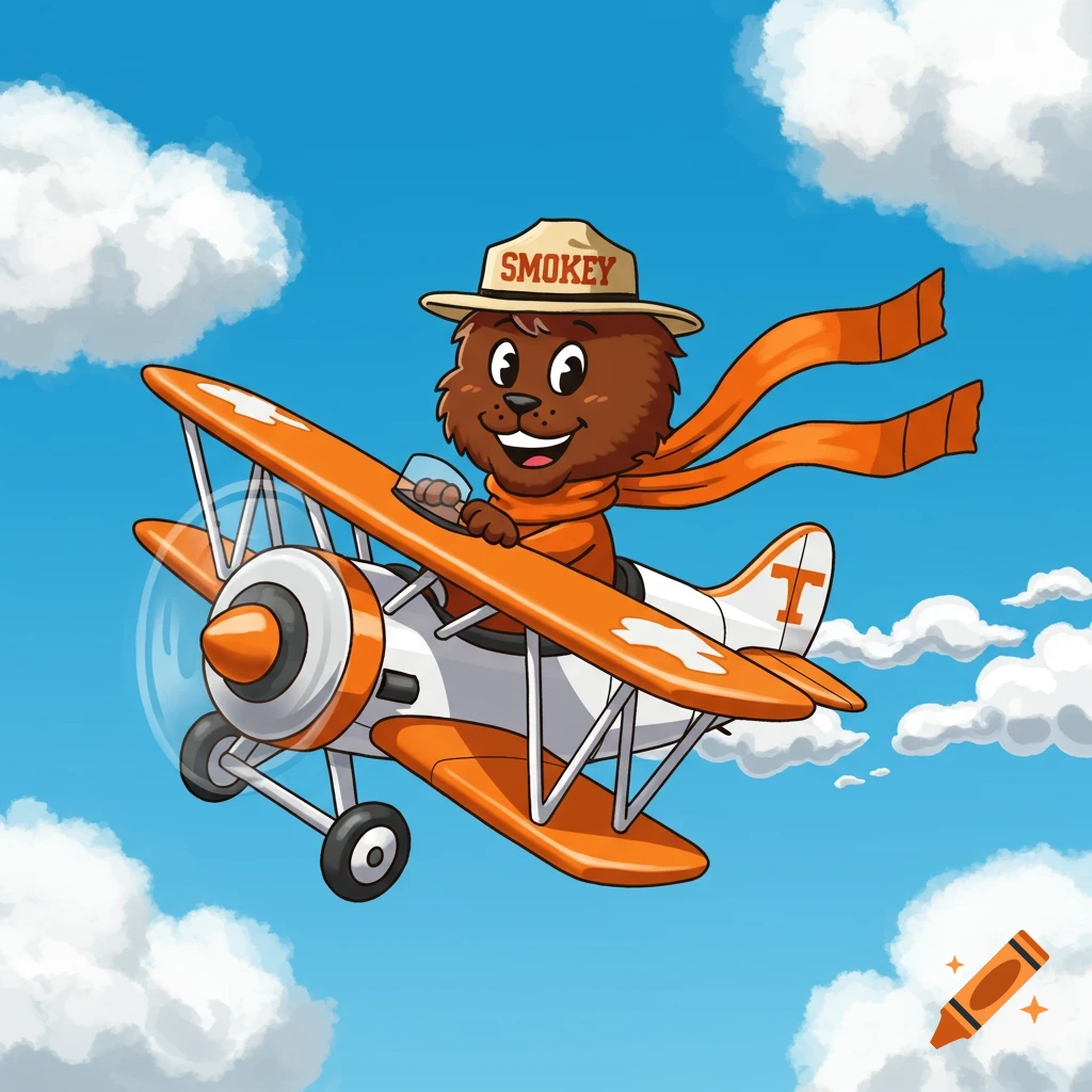 Cartoon Smokey UT emoji in a biplane on Craiyon