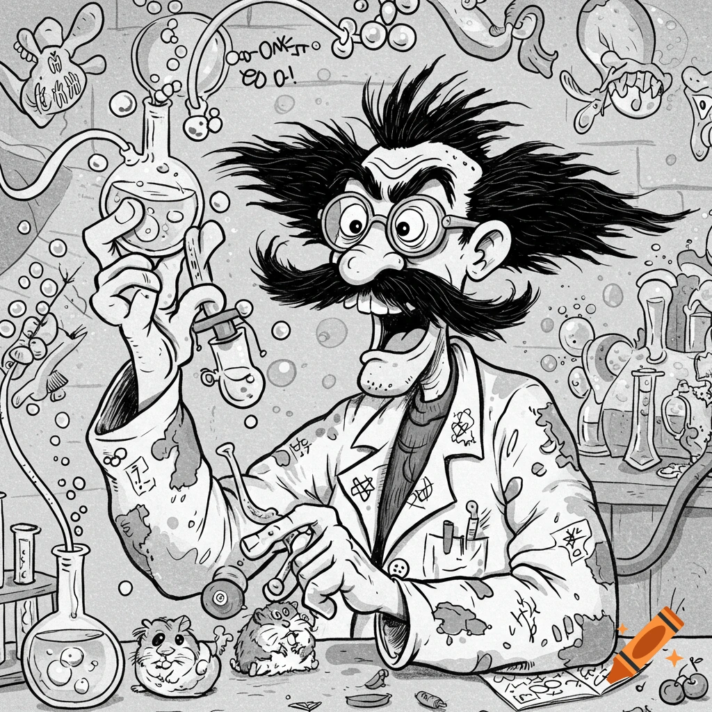 Black and white cartoon of scientist in Gary Larson style on Craiyon