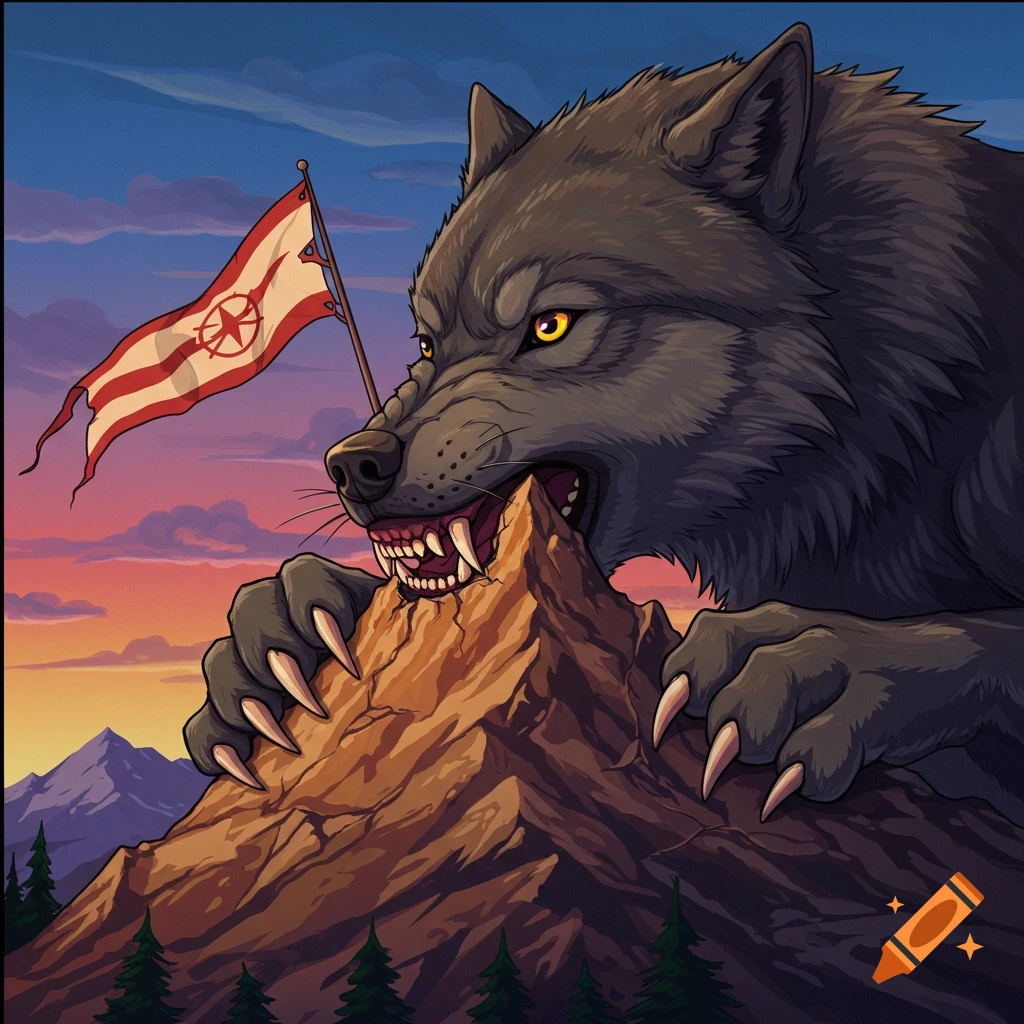 A stylized gray wolf bites a mountain peak and holds a flag in its ...