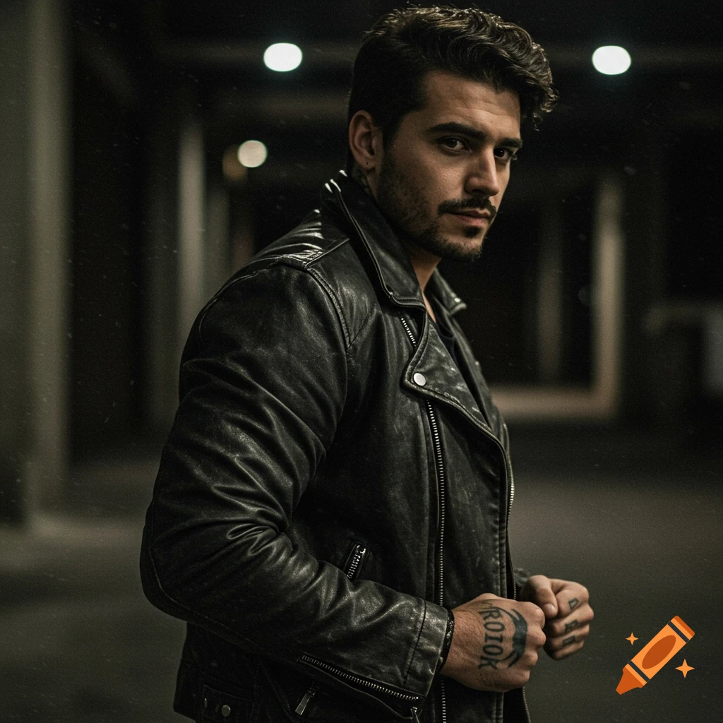 Dark-haired man in leather jacket with Rook tattoo on knuckles on Craiyon