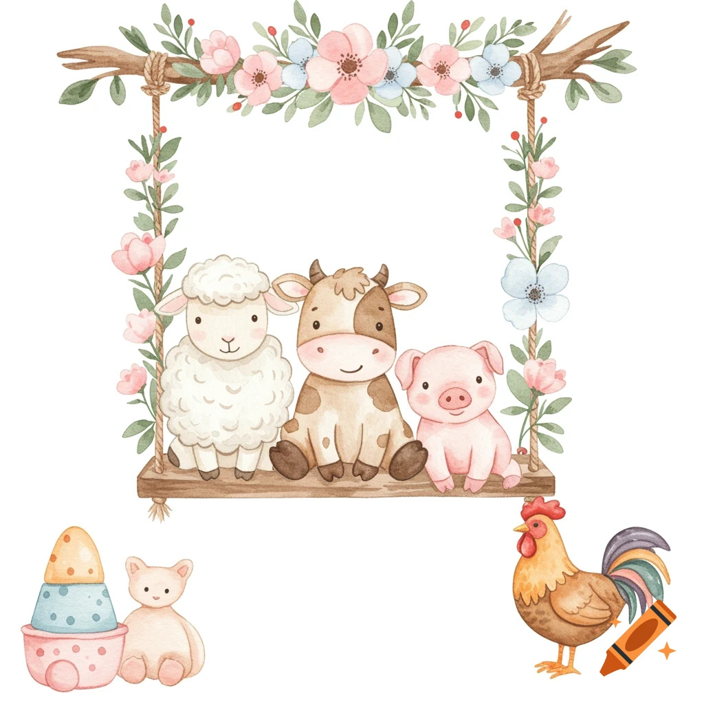 Watercolor illustration of a sheep, cow, and pig on a swing with ...
