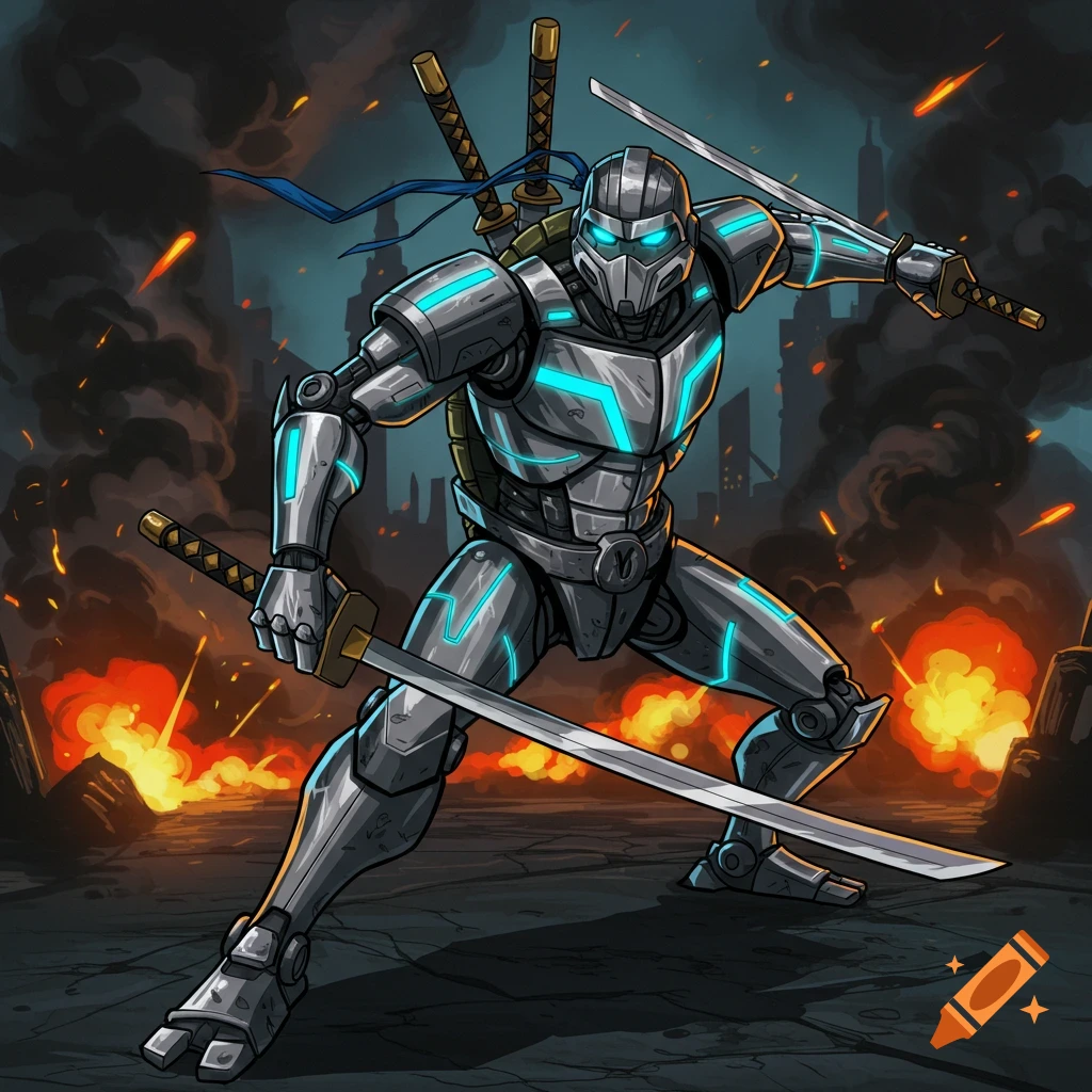 A robot ninja with blue accents and swords in a ruined city, cartoon ...
