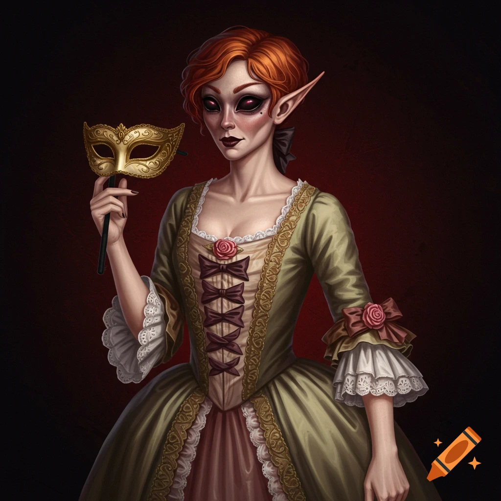 Female Elf in 18th-century ballgown and masquerade mask on Craiyon