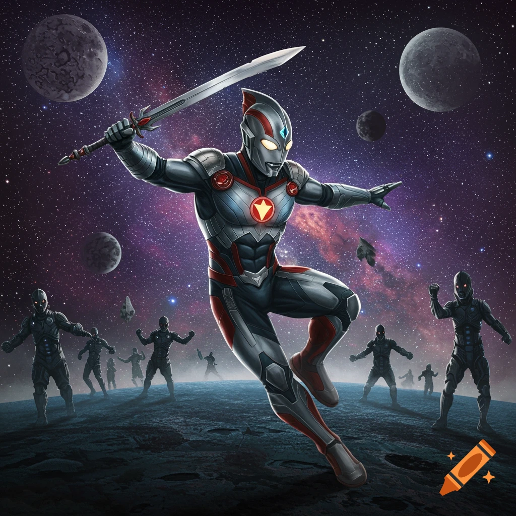 Futuristic superhero warrior fighting alien forces in space on Craiyon