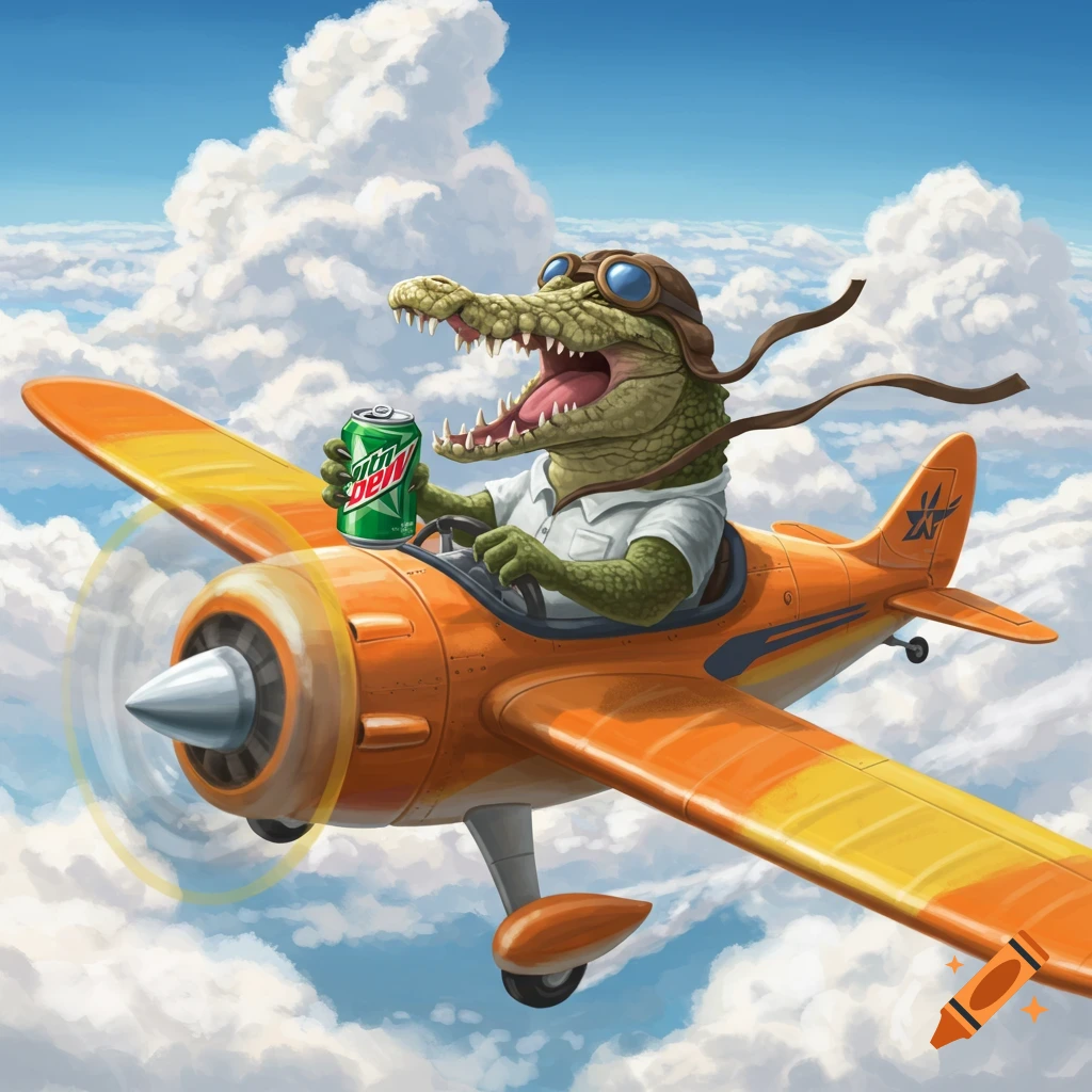 Crocodile driving an airplane holding a Mountain Dew on Craiyon