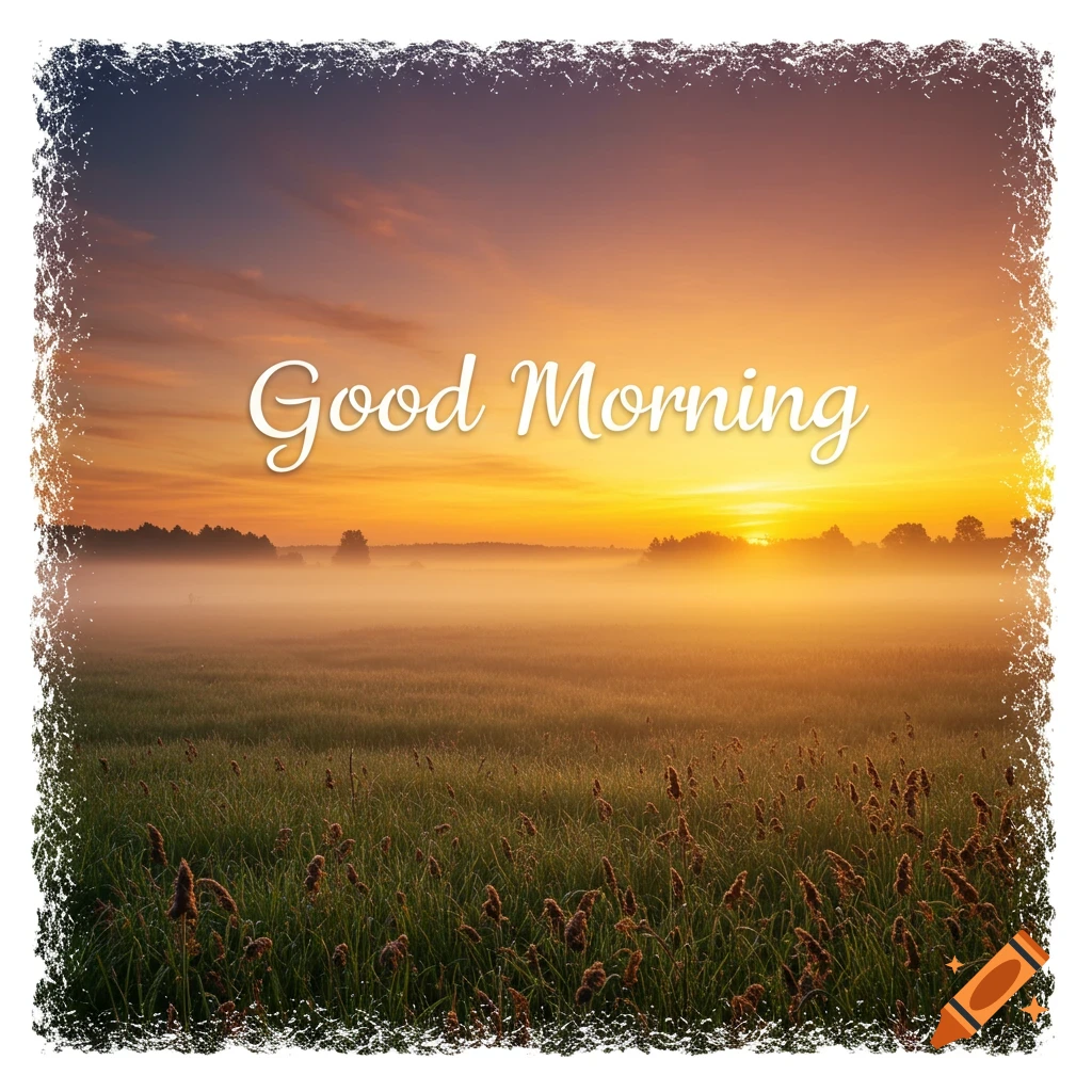 Sunrise over a foggy field with tall grass and a decorative border ...