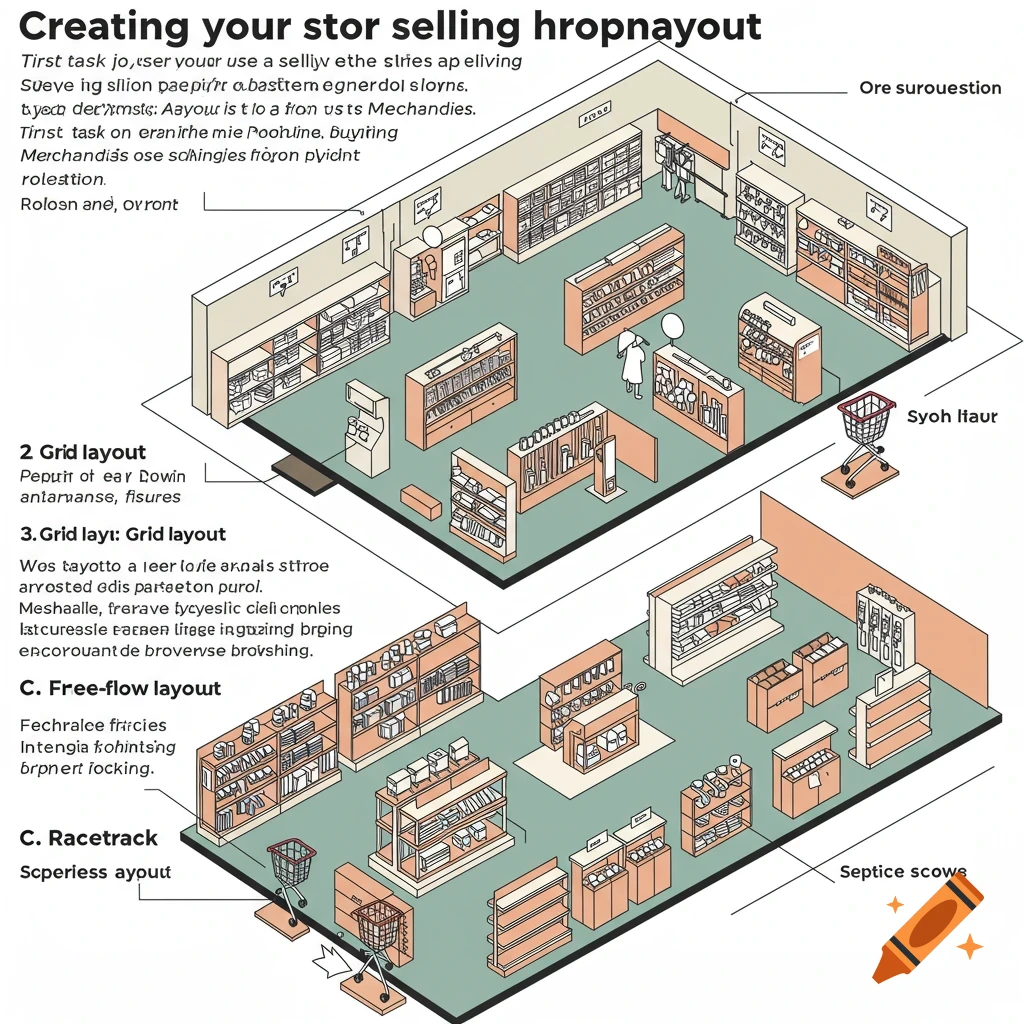 Store layout floor plan options: grid, free-flow, and racetrack on Craiyon