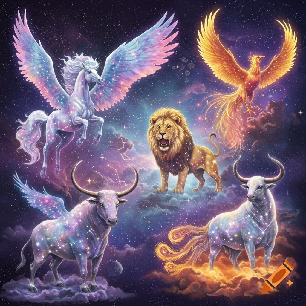 Winged horse, lion, eagle, ox, and phoenix from constellations on Craiyon