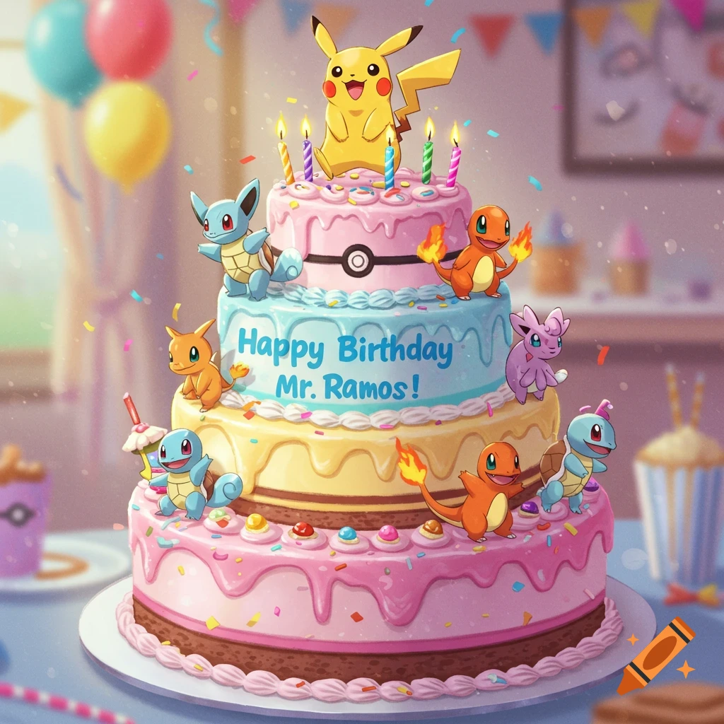 Pokemon cake with "Happy Birthday, Mr. Ramos!" text on Craiyon