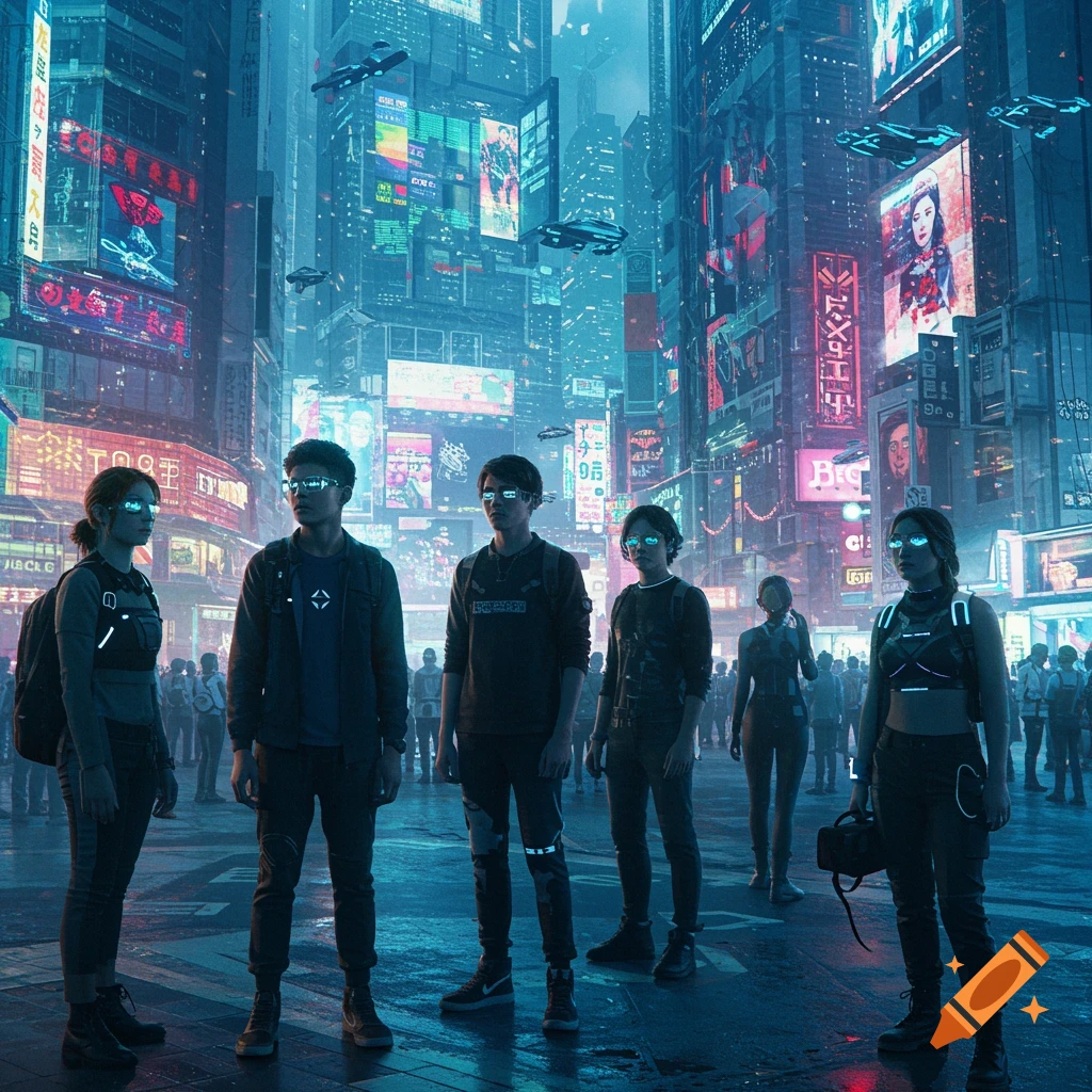 Group of people in a futuristic cyberpunk city with neon signs. on Craiyon