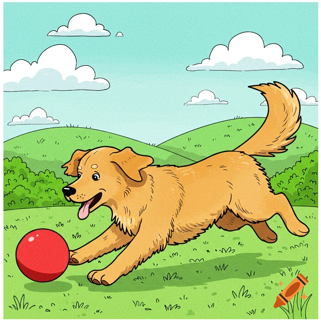 Golden retriever chasing ball, coloring book style on Craiyon