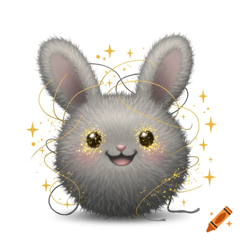 A fluffy grey dust bunny cartoon head with large sparkly eyes and a ...