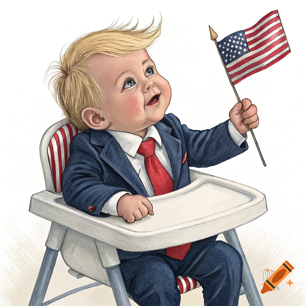 Illustration of a baby caricature resembling Donald Trump in a suit ...