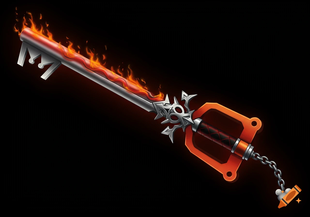Red and black Keyblade with embers and flame emblem keychain from ...
