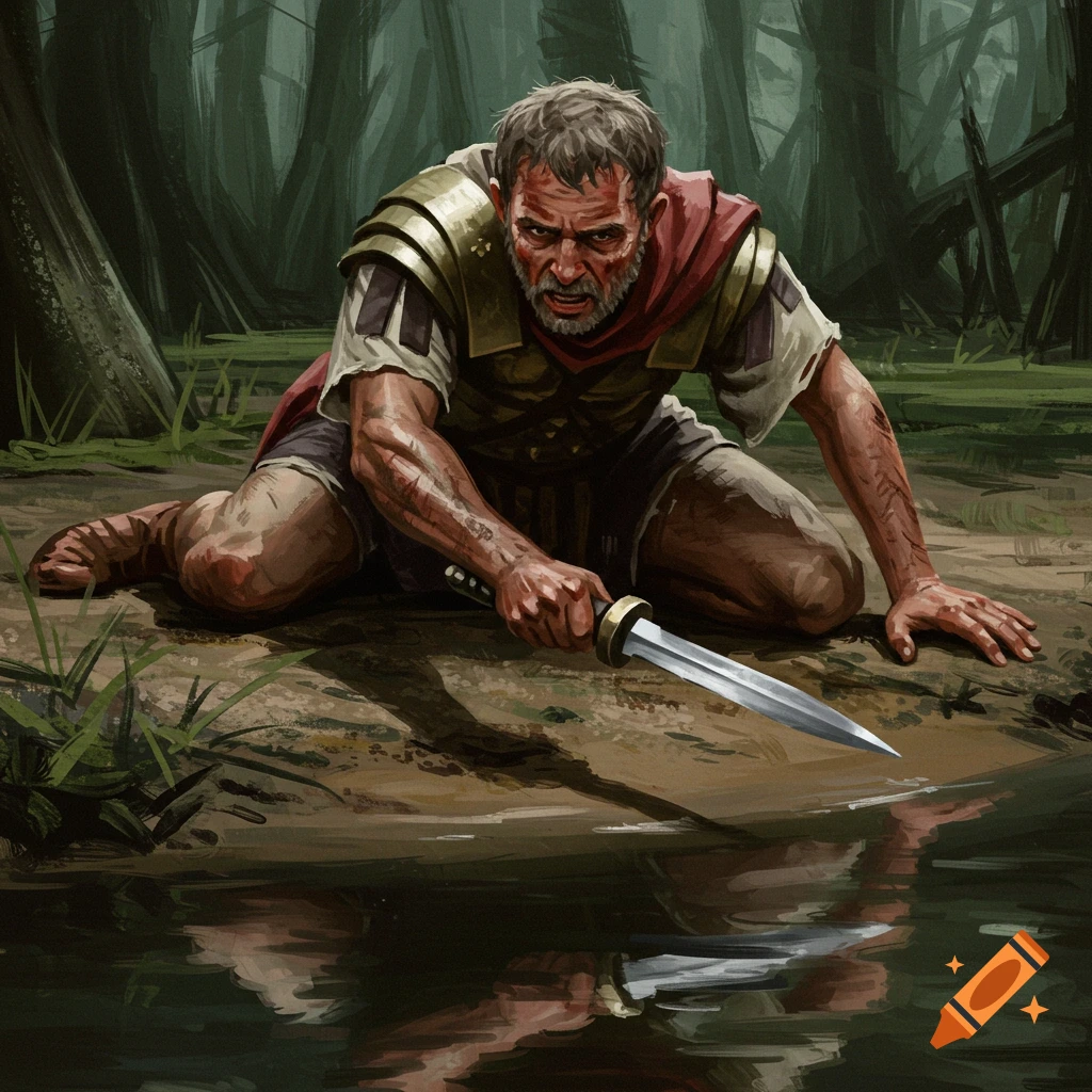 1984 movie scene of a Roman senator aiming a bayonet at water in a ...