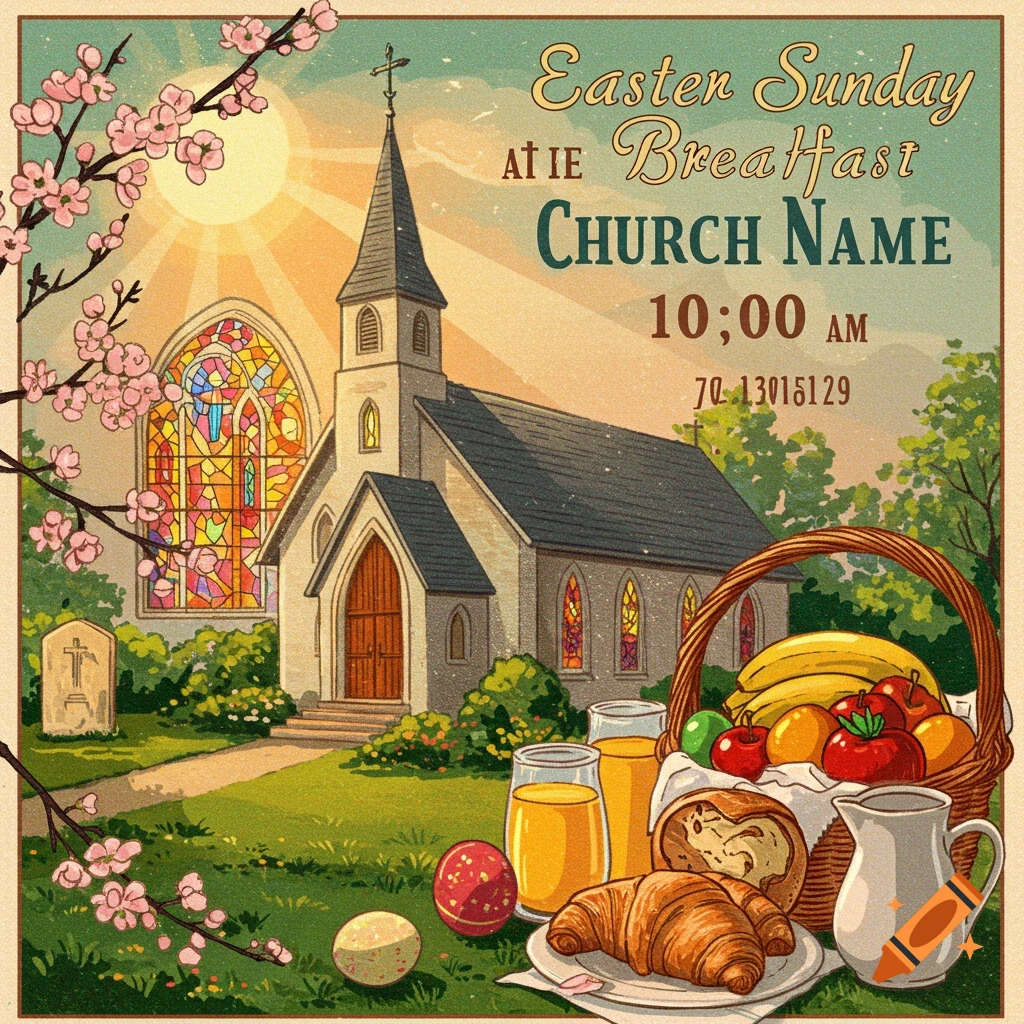 Vintage illustration of a church with cherry blossoms and Easter ...