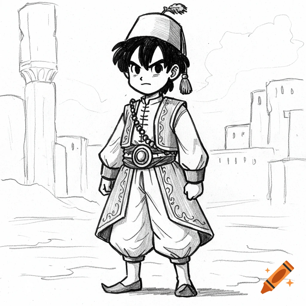 Dragon Quest style pencil sketch of a young Middle Eastern man with a ...