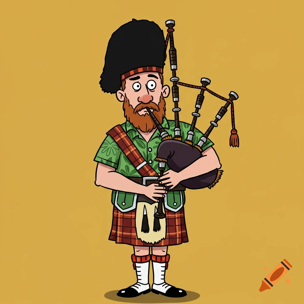 Cartoon of a Scotsman playing bagpipes in a kilt with a bemused ...