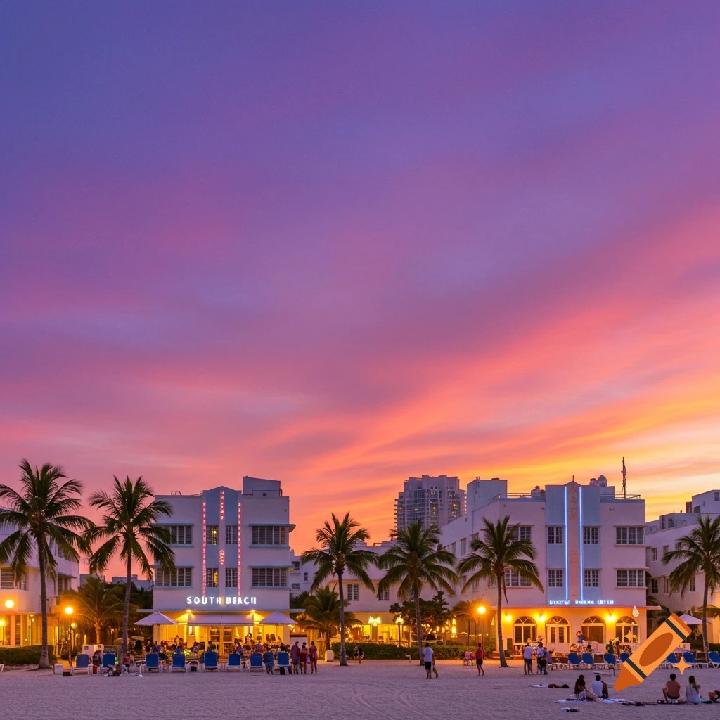 South Beach Miami at sunset on Craiyon
