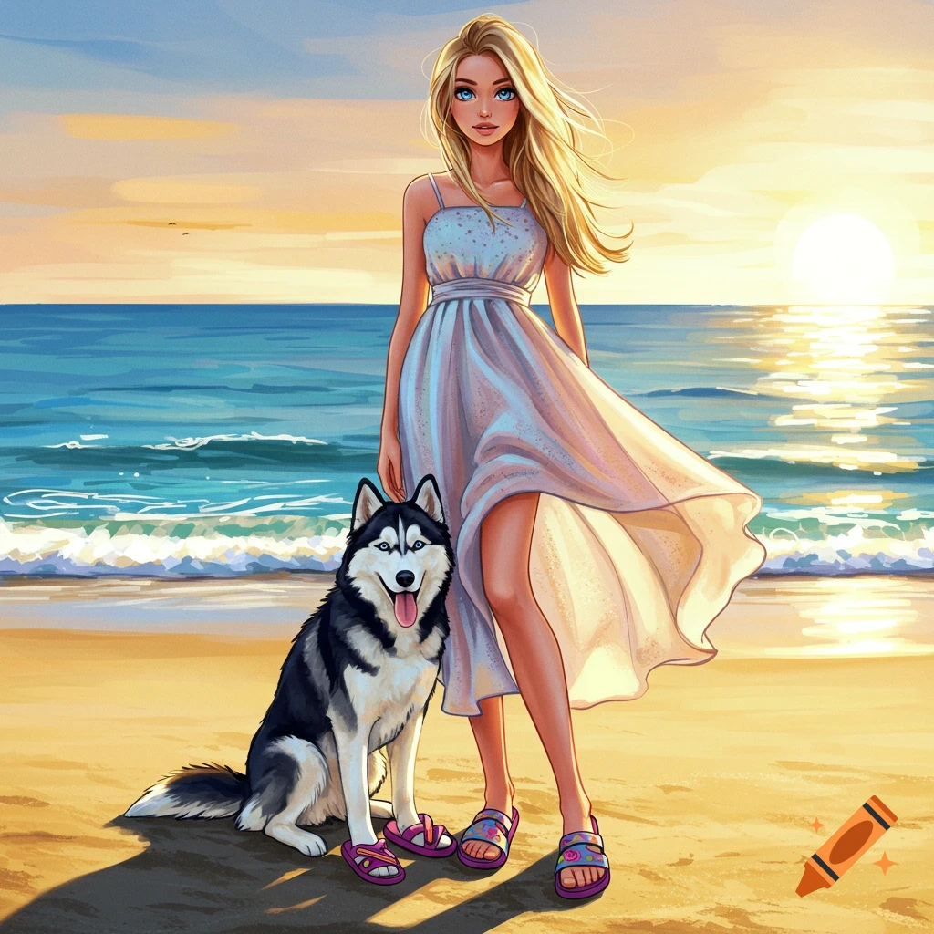 Tall girl in sundress with Siberian husky wearing sandals on beach on ...