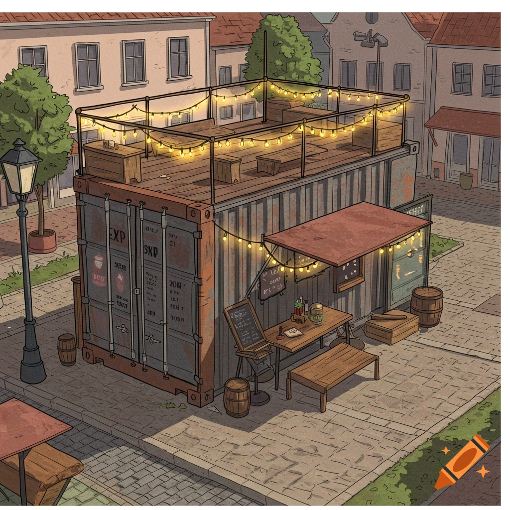 A bar constructed from a shipping container with rooftop seating and ...