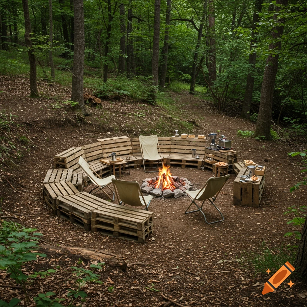 A campfire surrounded by seating made of wood pallets and camping ...