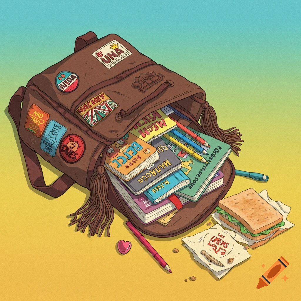 An open brown backpack is spilling books, pens, a sandwich, and a heart ...