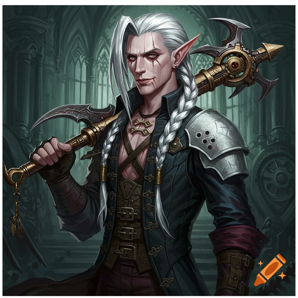 Chaotic male character with long white braided hair, elven ears, dark ...