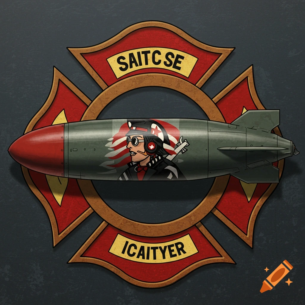 Cartoon torpedo with a face on a firefighter cross, illustration style ...