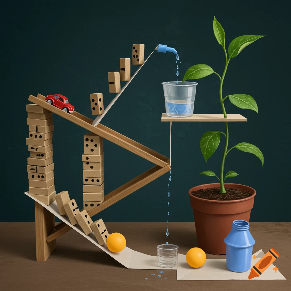Rube Goldberg machine watering plant on Craiyon