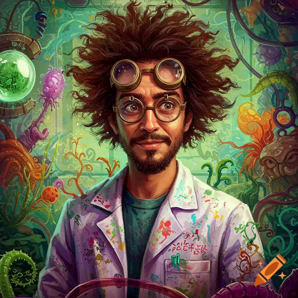 Illustration of Parker, a mad scientist who speaks vegetable languages ...