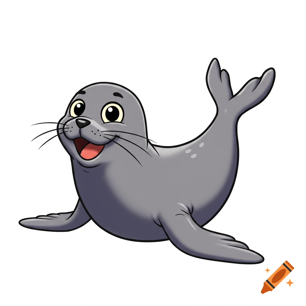 A happy animated seal smiling with its tail up. on Craiyon