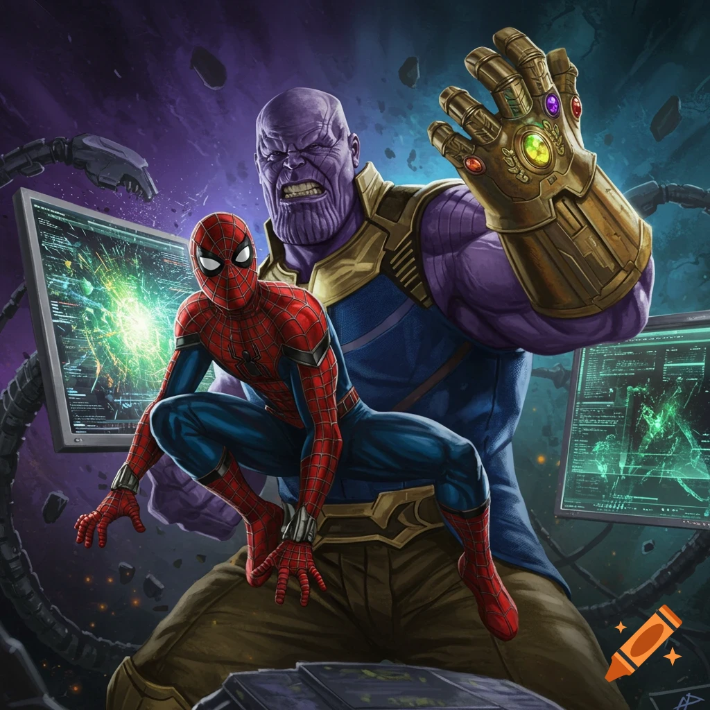 Thanos battles Iron Man, Captain America, and Thor in a stormy scene ...