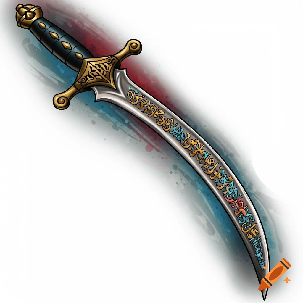 A stylized curved dagger with ornate gold hilt and colorful script on ...