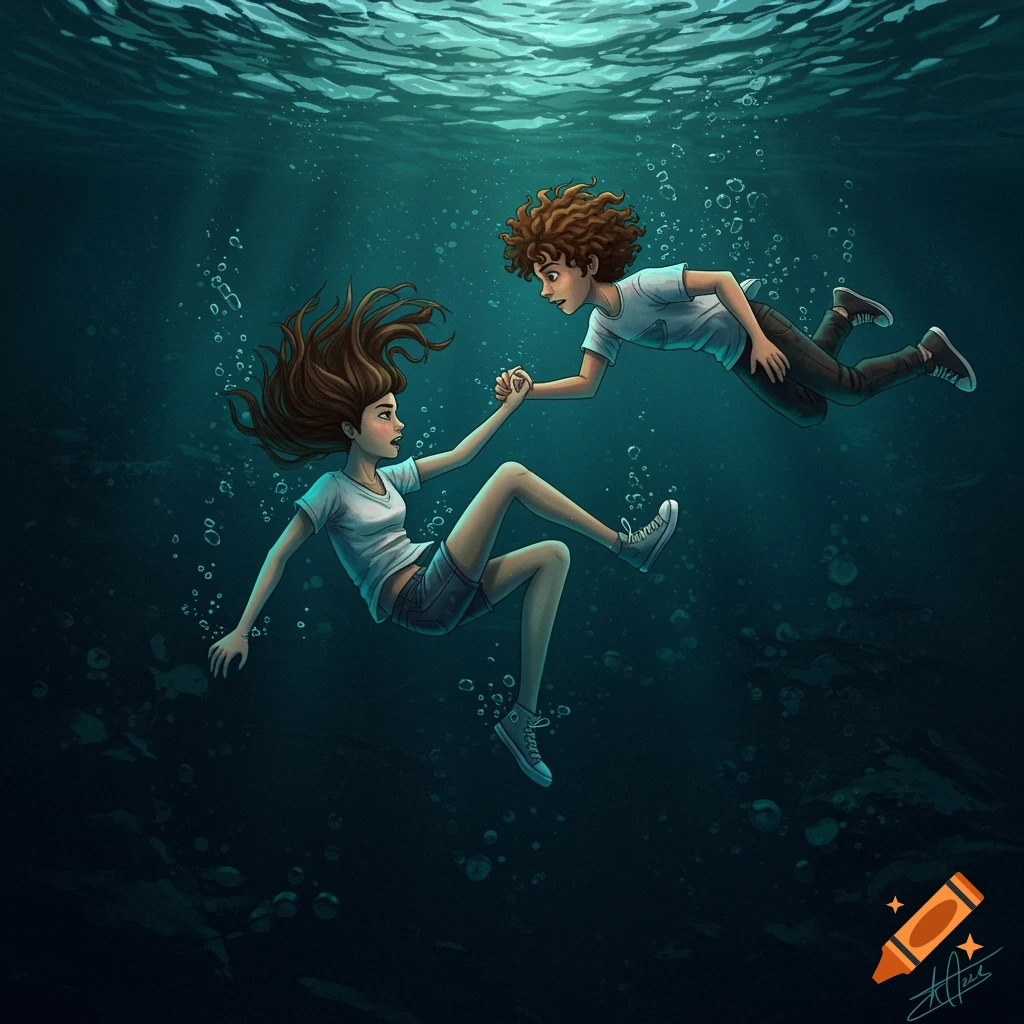 Teenage girl sinking in dark ocean, boy swimming to save her on Craiyon