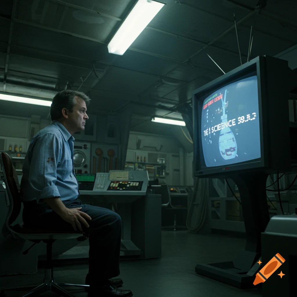 1984 movie scene of a bored man watching an instructional science video ...