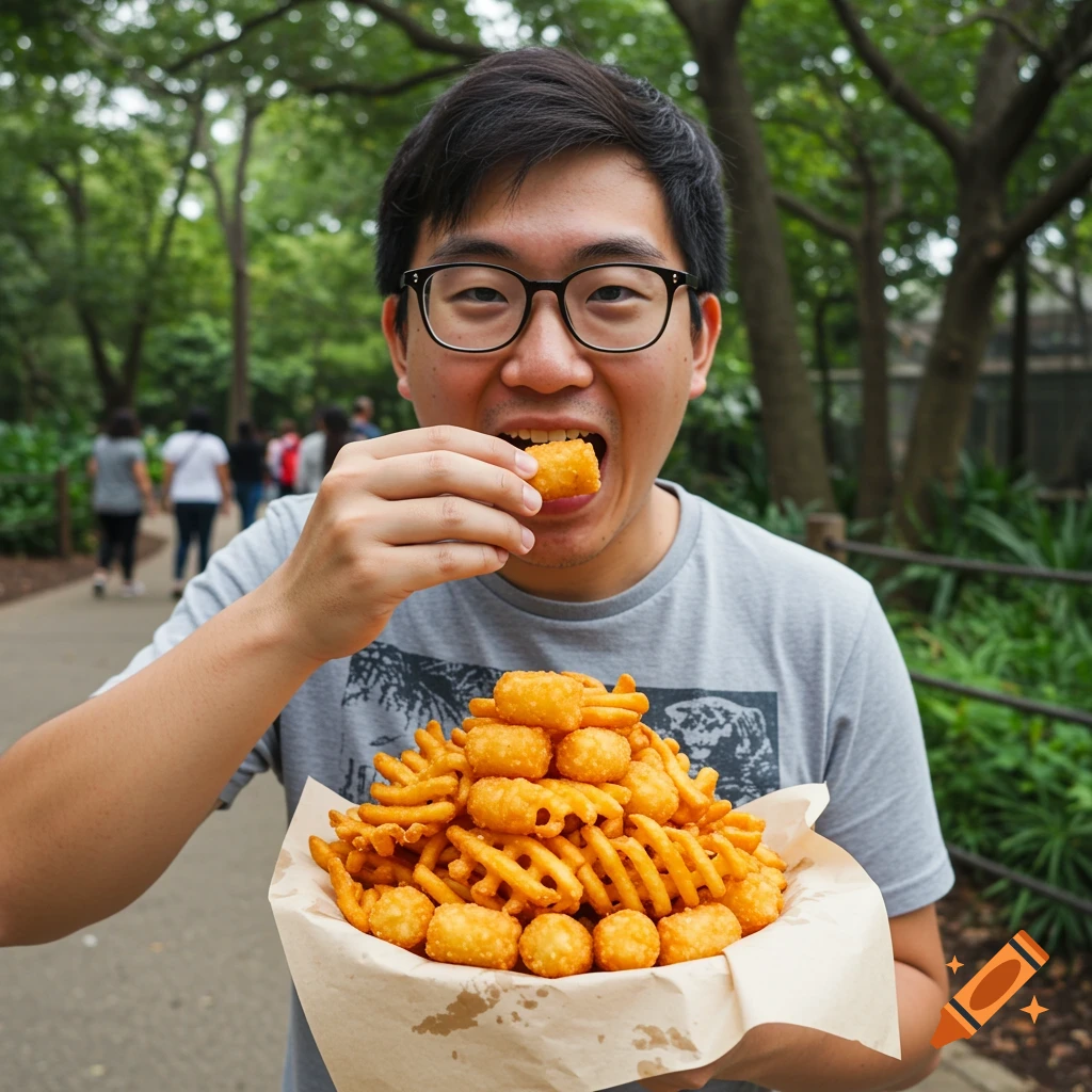 Man in glasses happily eating tater tots and waffle fries outdoors on ...