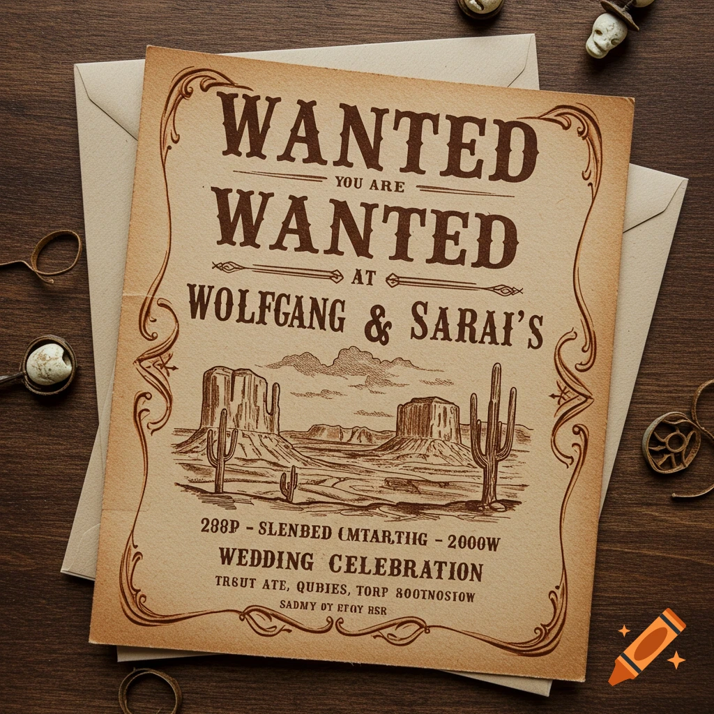 Wild West wedding invitation wanted poster on Craiyon