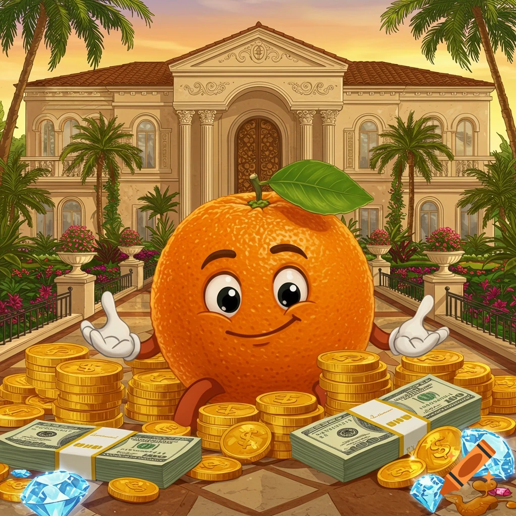 Cartoon orange character surrounded by money and diamonds in front of a ...