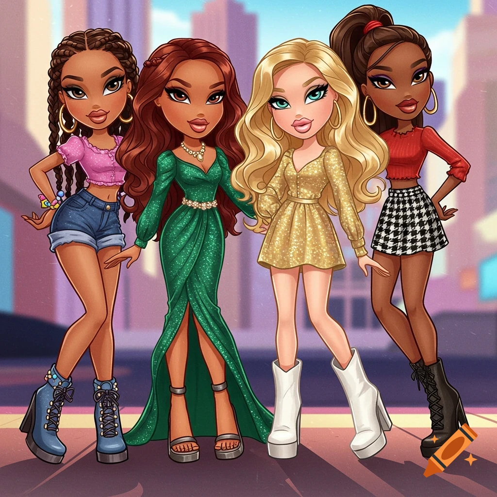 Four stylized female characters resembling dolls, dressed in fashion ...